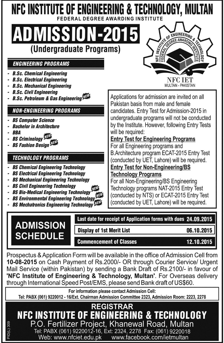 BS Computer Science Admission in NFC Institute of Engineering and ...
