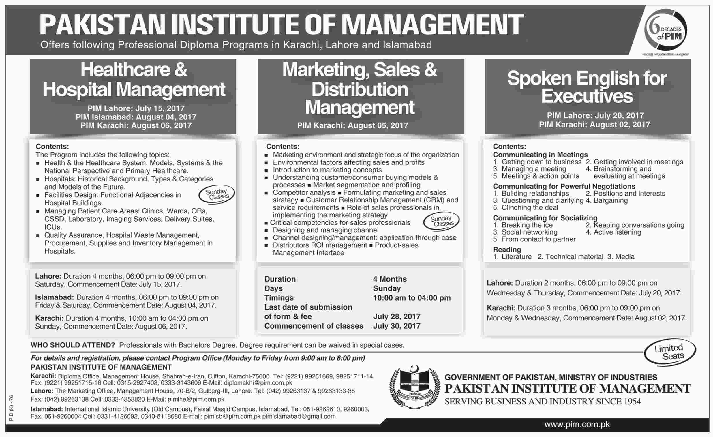 Admission in Pakistan Institute of Management Karachi 10 Jul 2017