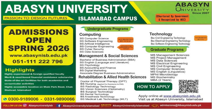 Abasyn University Islamabad Islamabad Admission 2025 | Apply Now