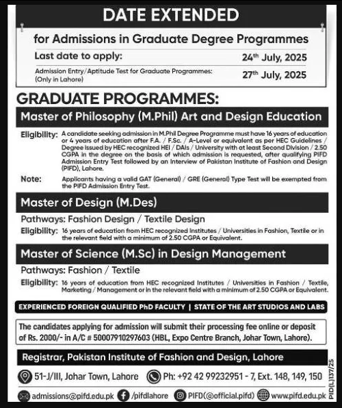 Admission Open in Pakistan Institute of Fashion and Design PIFD Lahore 23rd July 2025