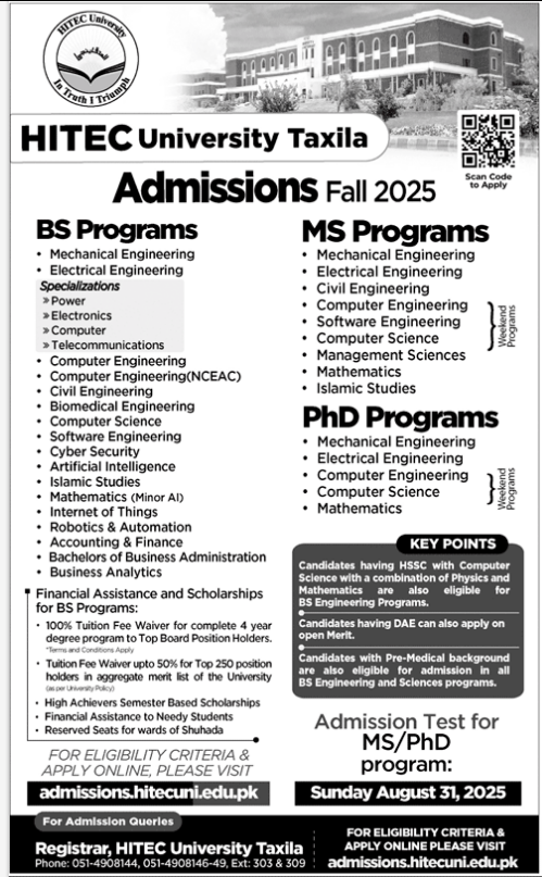 Hitec University Taxila Taxila Admission 2025 | Apply Now