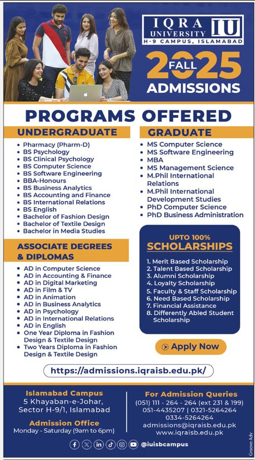 Iqra University Islamabad Islamabad Admission 2025 | Apply Now