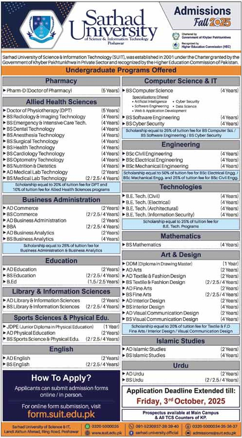Sarhad University Peshawar Admission 2025 | Apply Now