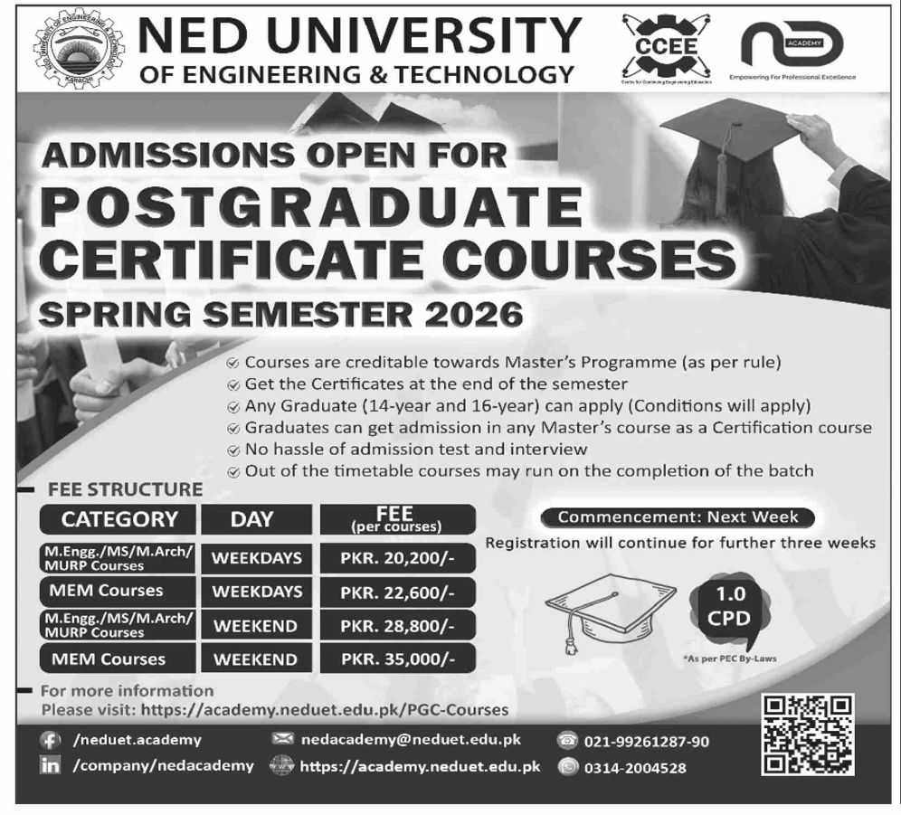 NED University of Engineering & Technology Karachi Admissions 2026